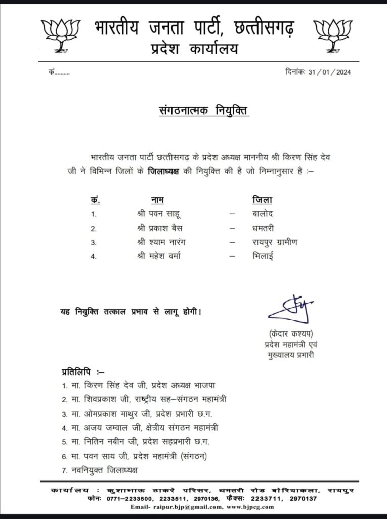 CG BREAKING : भाजपा ने की 4 जिला अध्यक्षों की नियुक्ति, देखिए सूची...